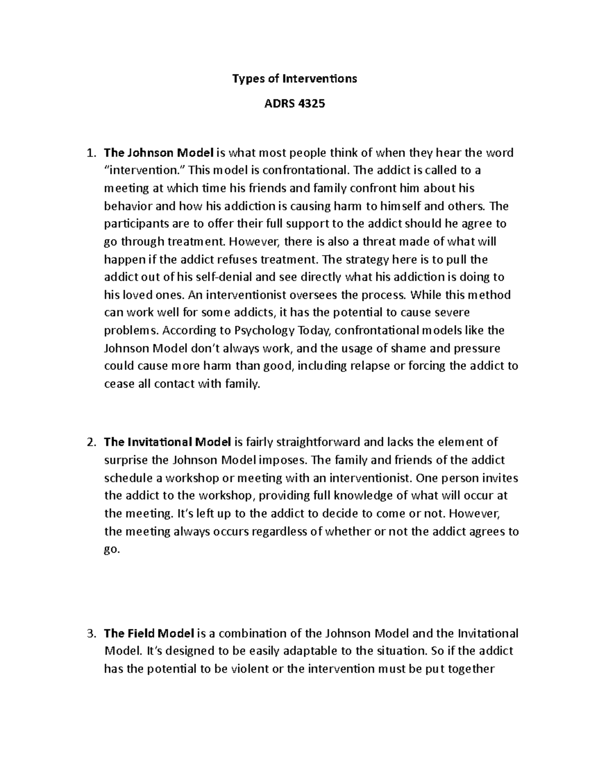 TTU ADRS 4325 Intervention Types Notes - Types of Interventions ADRS ...