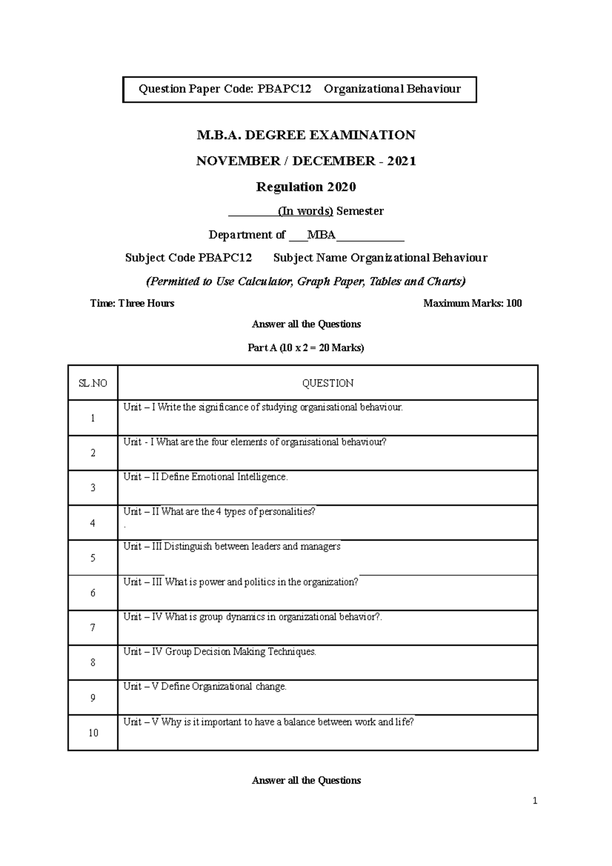 Question Paper Pbapc 12Organizational Behaviour - M.B. DEGREE ...