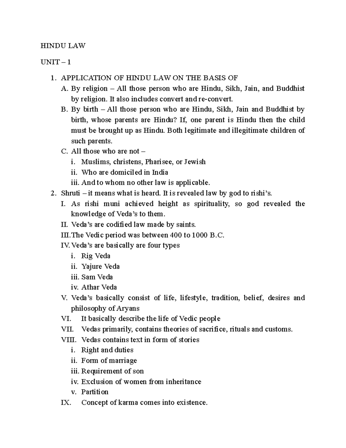 Hindu LAW - Lecture notes 1-22 - HINDU LAW UNIT 1 1. APPLICATION OF ...