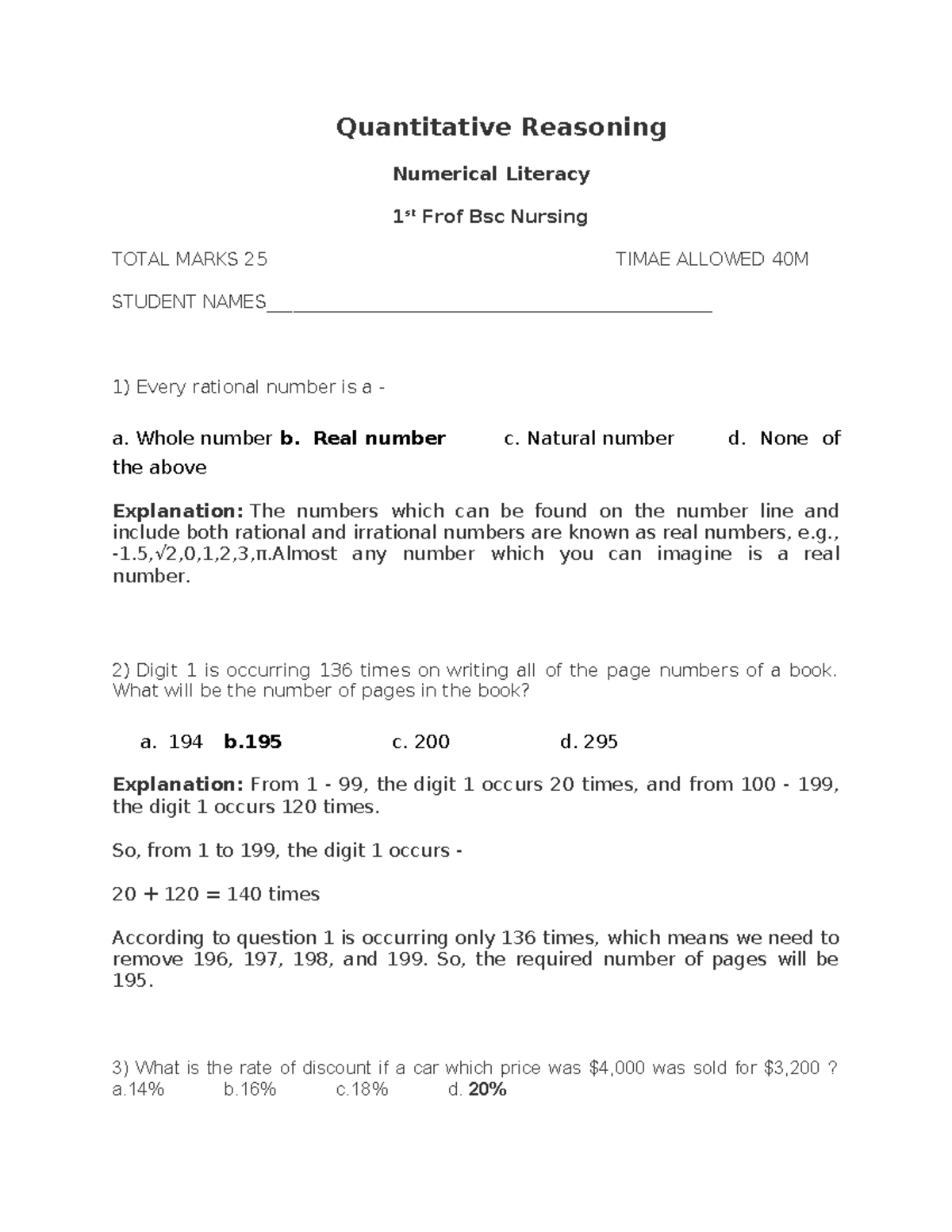 Question paper numerical litracy - Quantitative Reasoning Numerical ...