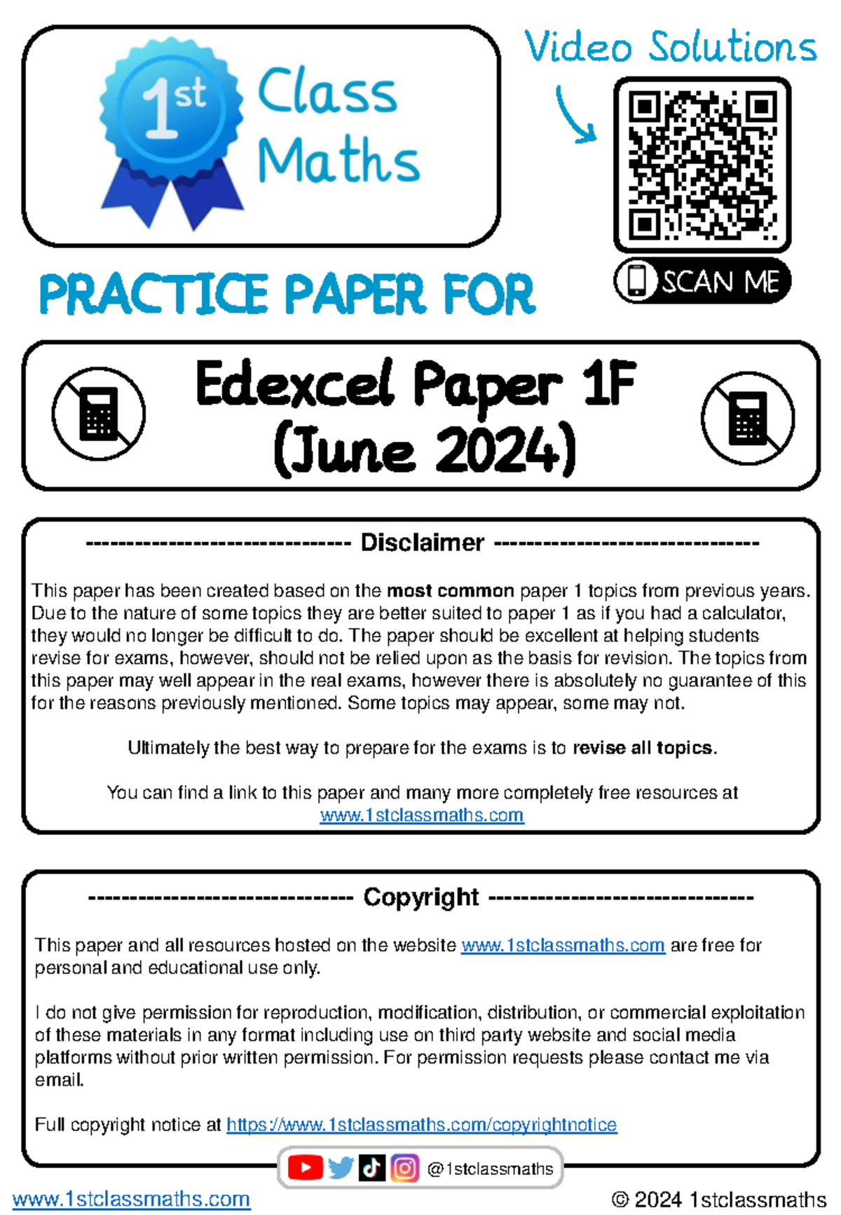 Paper one maths - (June 2024) Edexcel Paper 1 F - Disclaimer - This paper has been created based ...
