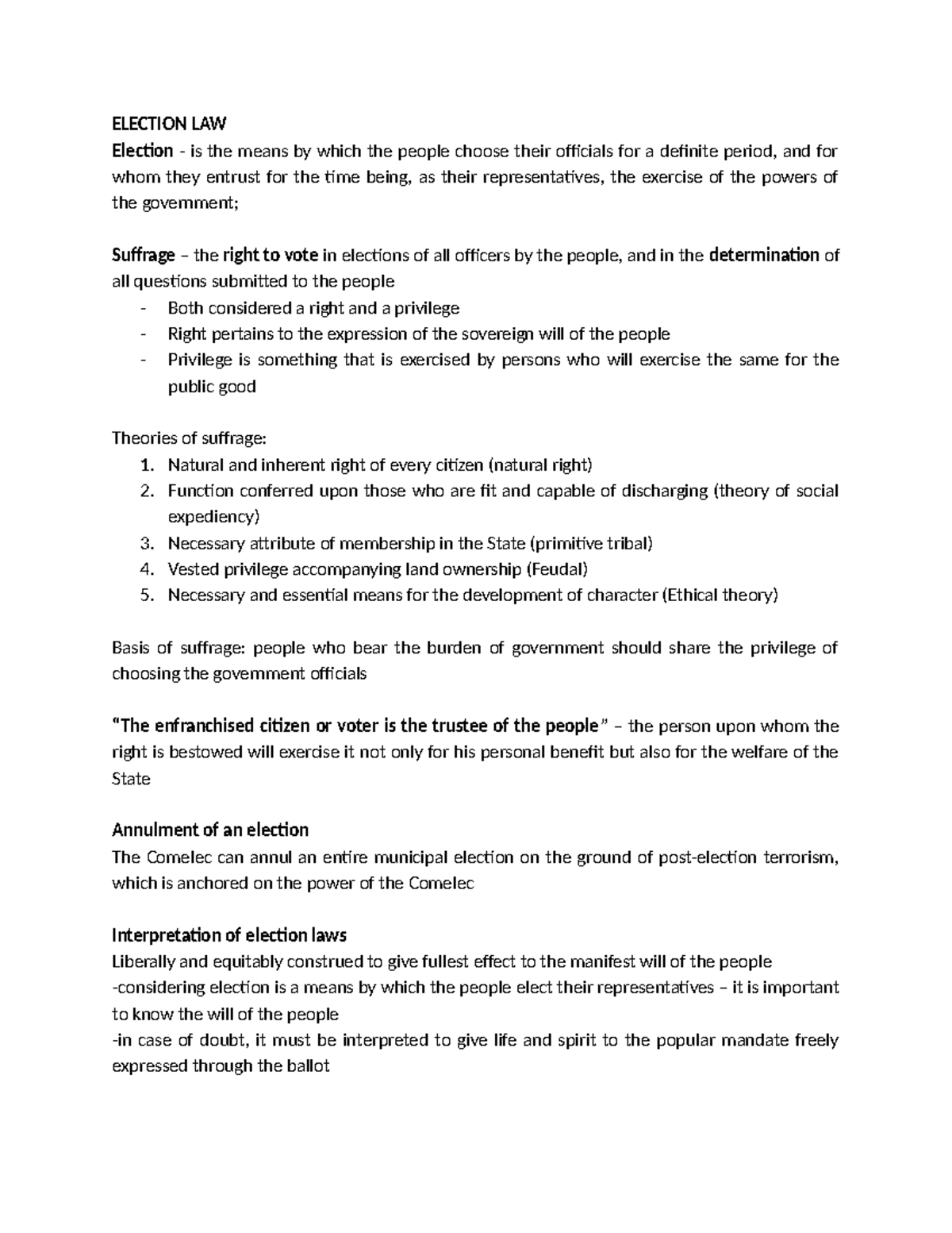 Election Law Notes - ELECTION LAW Election - is the means by which the ...