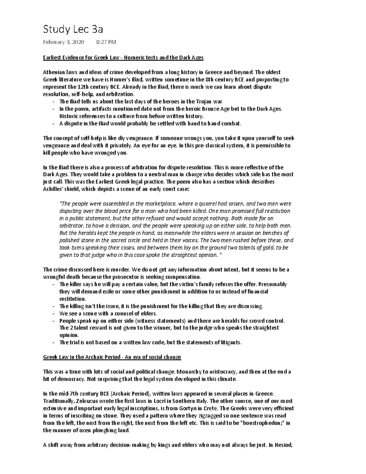 Study Lec 3a - 2301 - lec - ĂƌůŝĞƐƚ ǀŝĚĞŶĐĞ ĨŽƌ 'ƌĞĞŬ >Ăǁ Ͳ ,ŽŵĞƌŝĐ ...