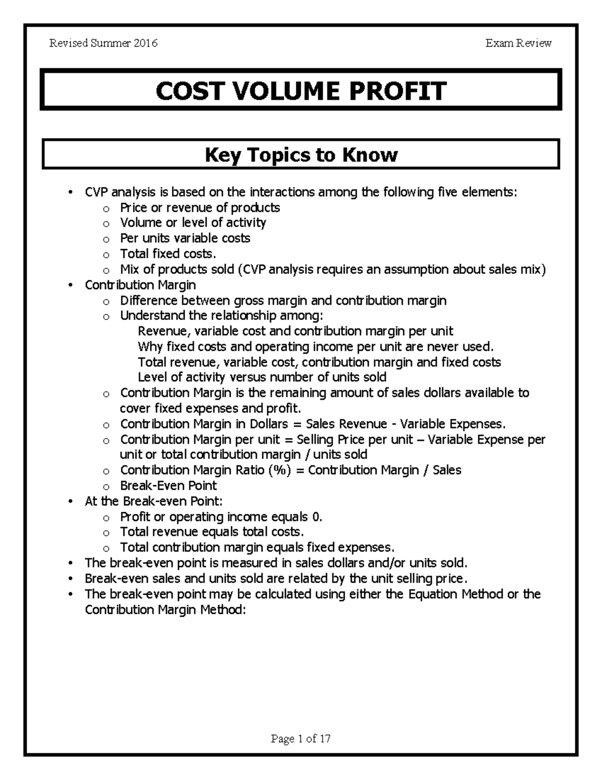 Cost Volume Profit ER - notes - COST VOLUME PROFIT Key Topics to Know ...