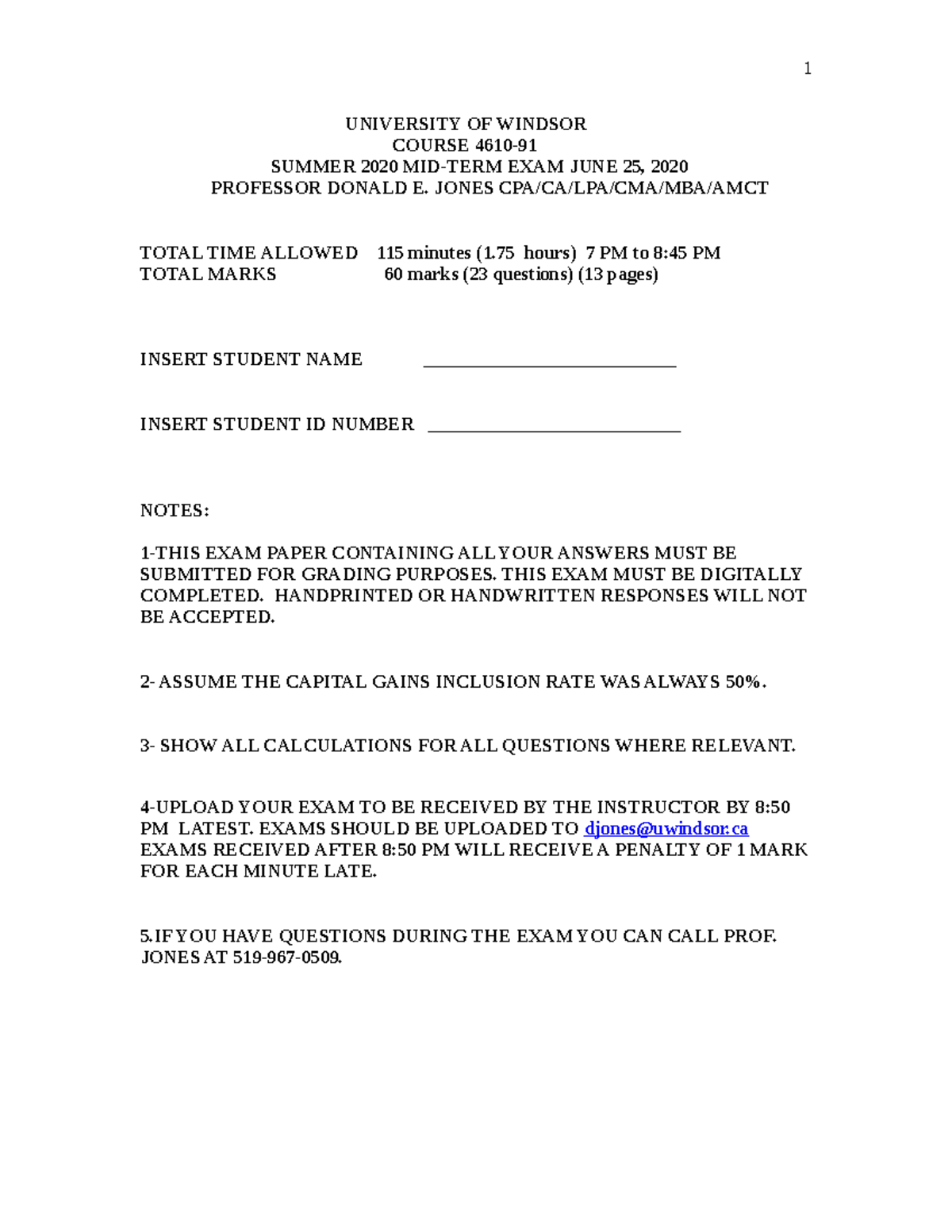 2020 Summer Midterm Exam 4610 - UNIVERSITY OF WINDSOR COURSE 4610 ...