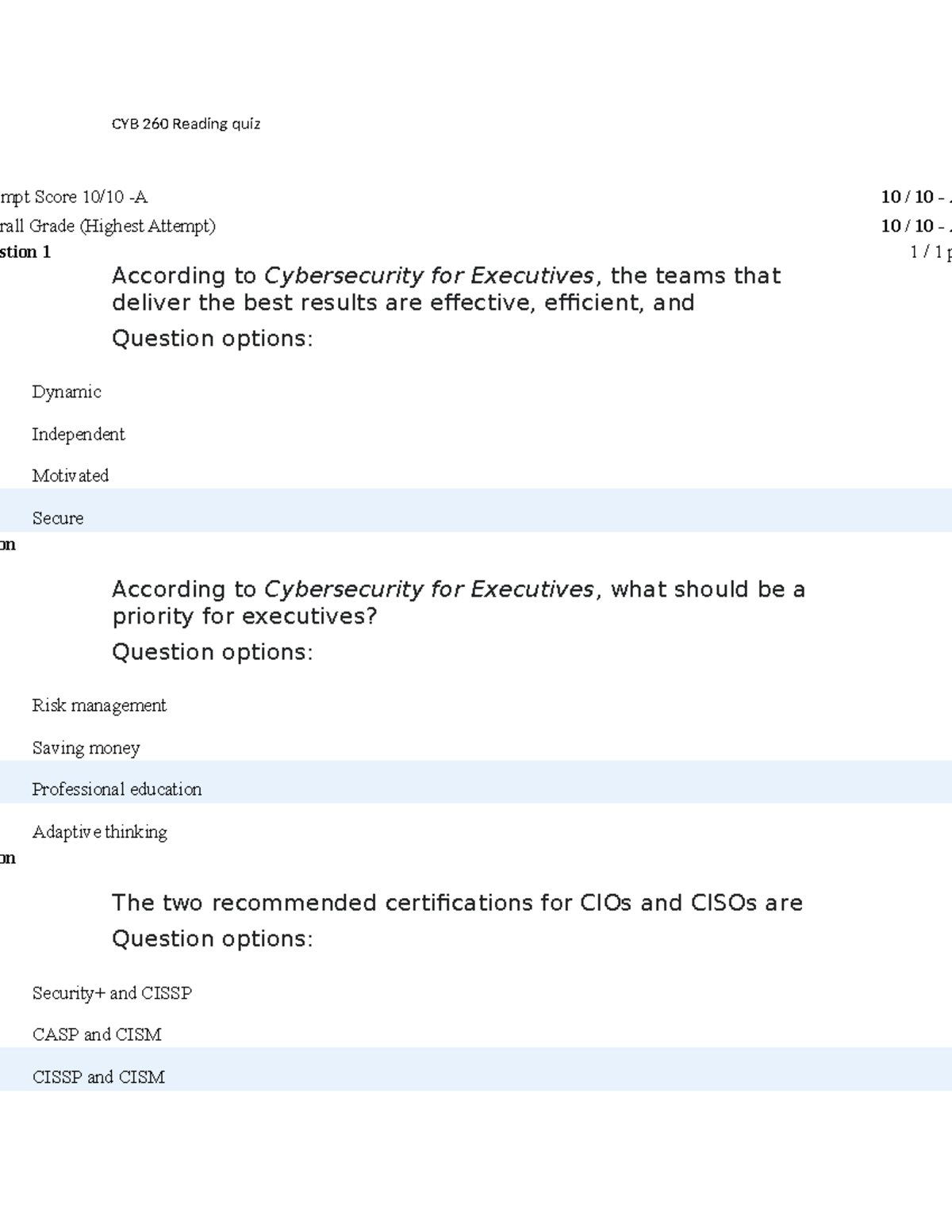 CYB 260 6-2 Reading quiz module 6 - CYB 260 Reading quiz 10 / 10 - A 10 ...