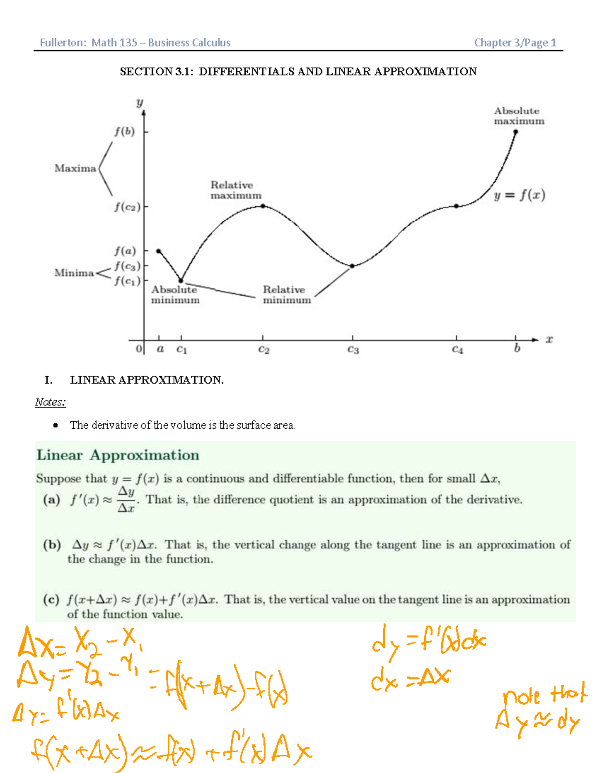 3.1 and 3.2 Notes - SECTION 3: DIFFERENTIALS AND LINEAR APPROXIMATION I ...