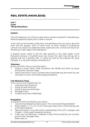 WS10 Real Estate - Notes - REAL ESTATE (KNOWLEDGE) Unit 10 Guide Grant ...