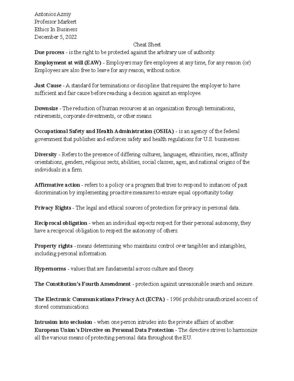 Exam Overview IB - Antonios Azmy Professor Markert Ethics In Business ...