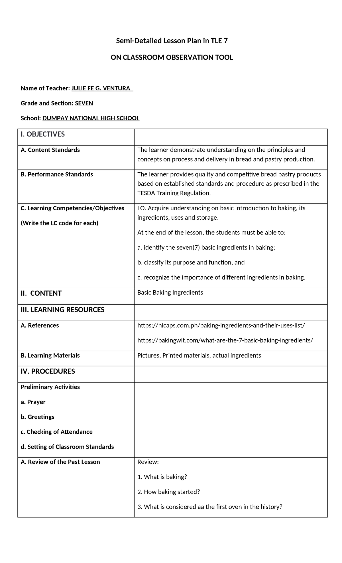 Final Lesson Plan - Semi-Detailed Lesson Plan in TLE 7 ON CLASSROOM OBSERVATION TOOL Name of ...