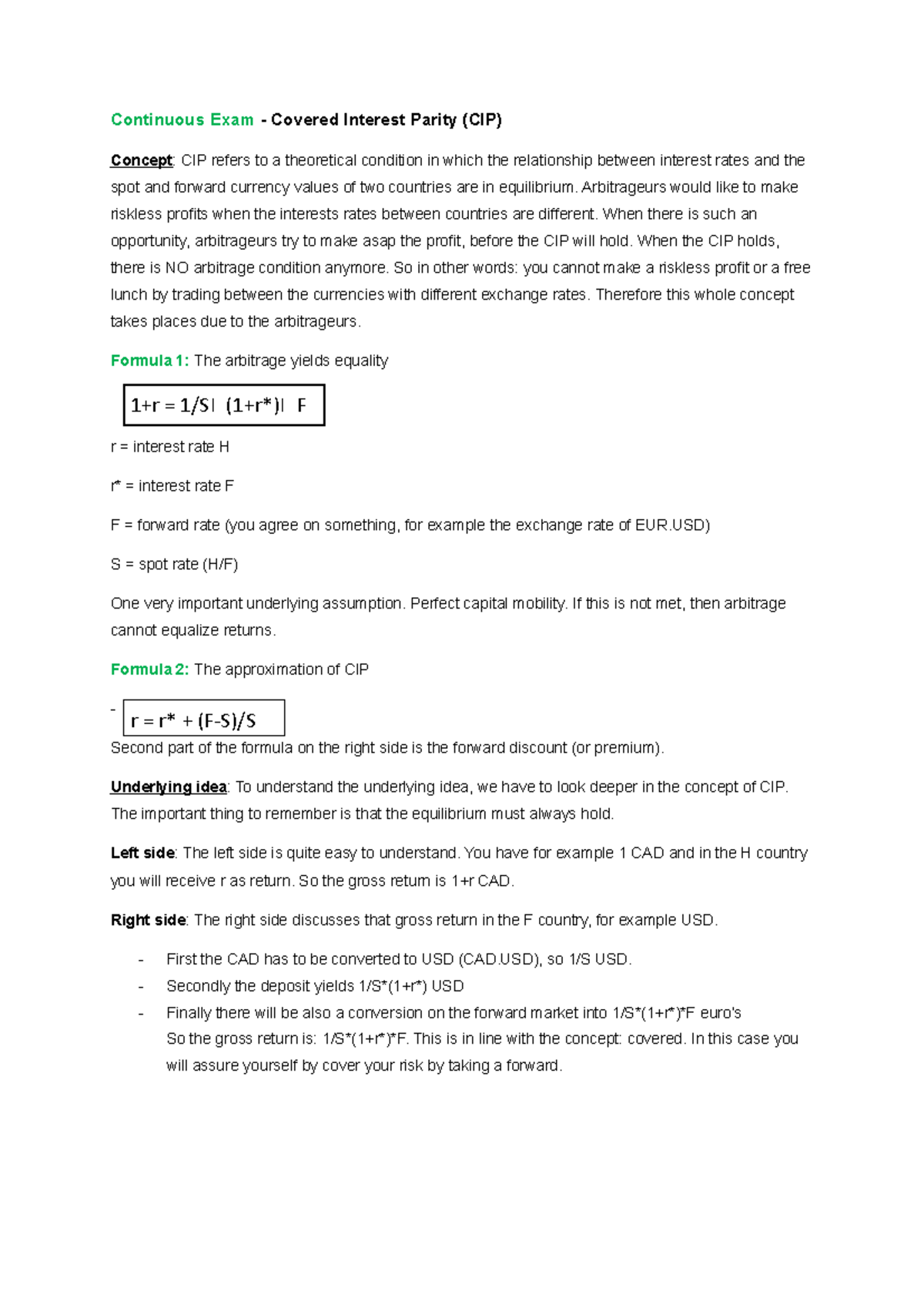 Week 2 Continuous Exam CIP - Continuous Exam Covered Interest Parity ...