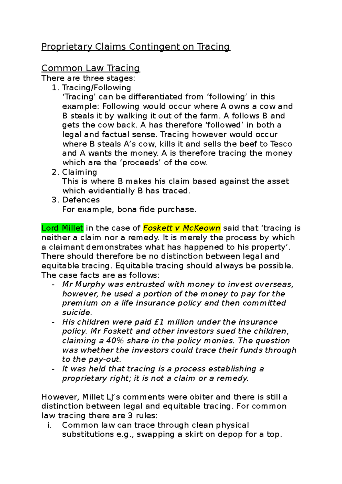 Proprietary Claims Contingent on Tracing - Tracing/Following ‘Tracing ...