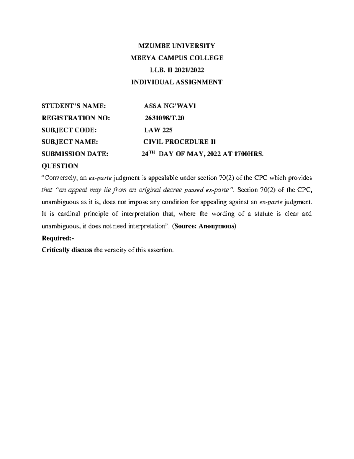 Civil LAW 225 - Remedy against against ex parte judgement or order ...