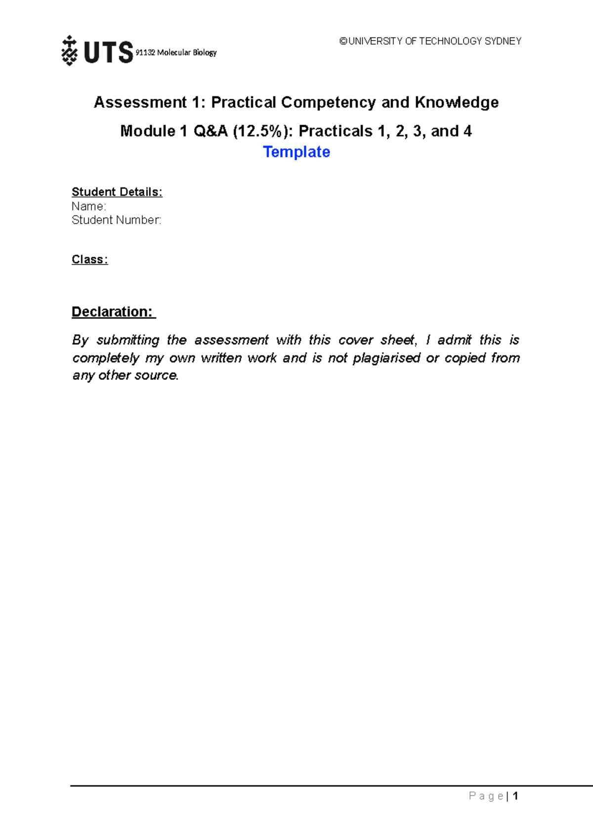 Module 1 Template - Assessment 1 - 91132 Molecular Biology © UNIVERSITY ...