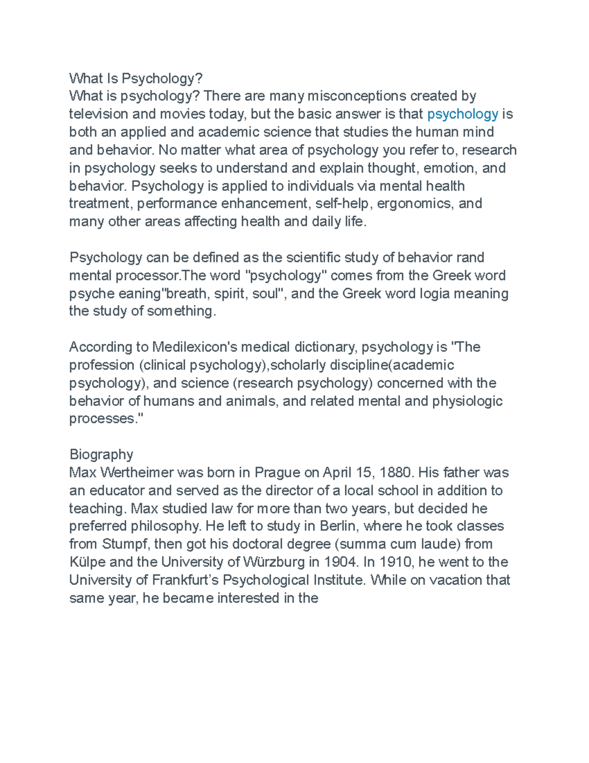 Intro to phy - do not copy - What Is Psychology? What is psychology ...