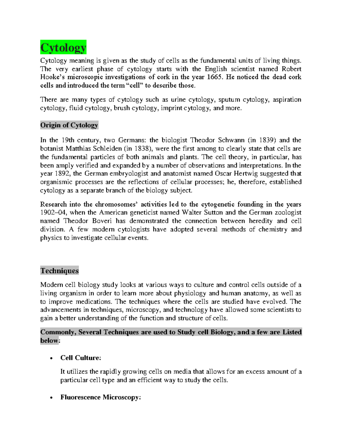 Cytology - Lecture notes 7 - Cytology Cytology meaning is given as the ...