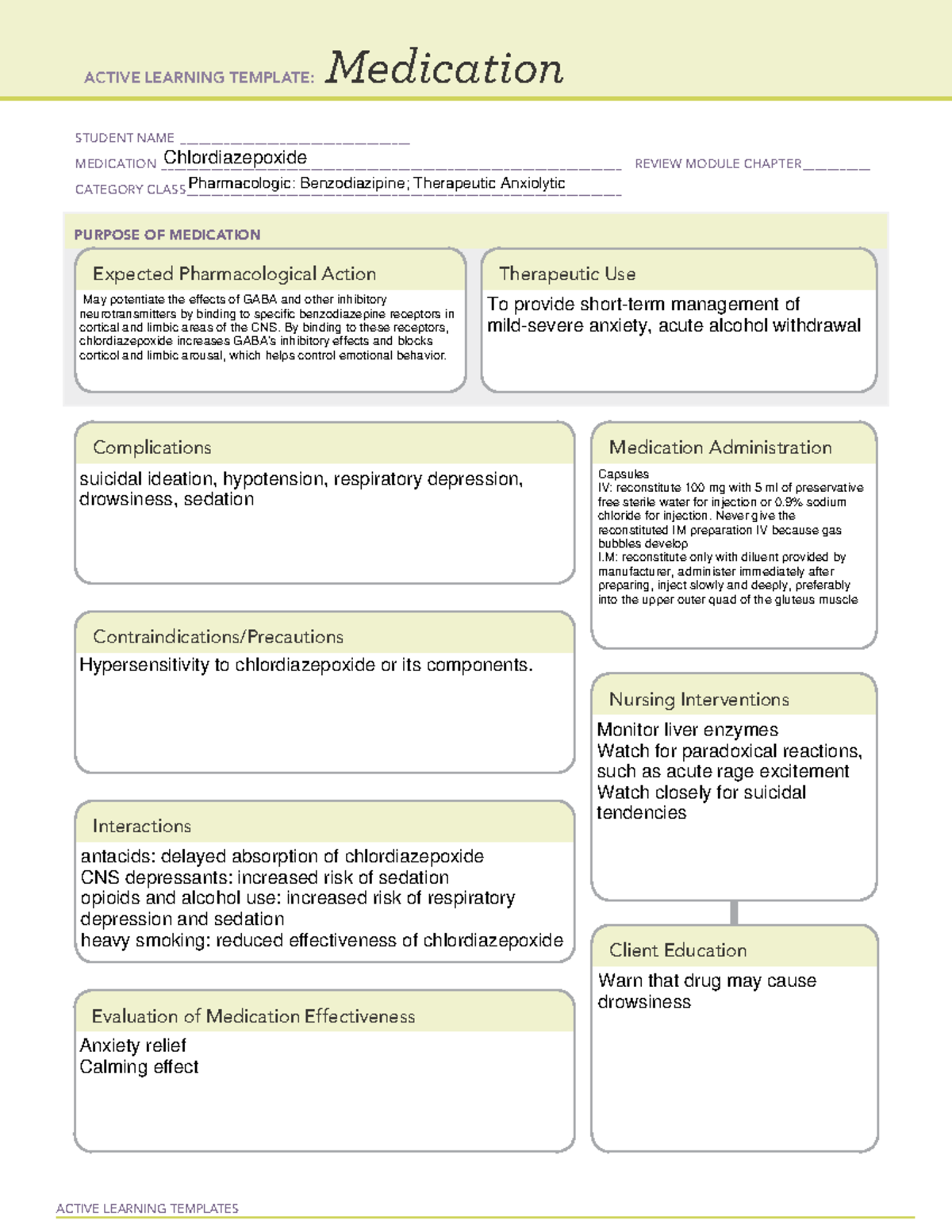 Chlordiazepoxide - ati template - ACTIVE LEARNING TEMPLATES Medication ...