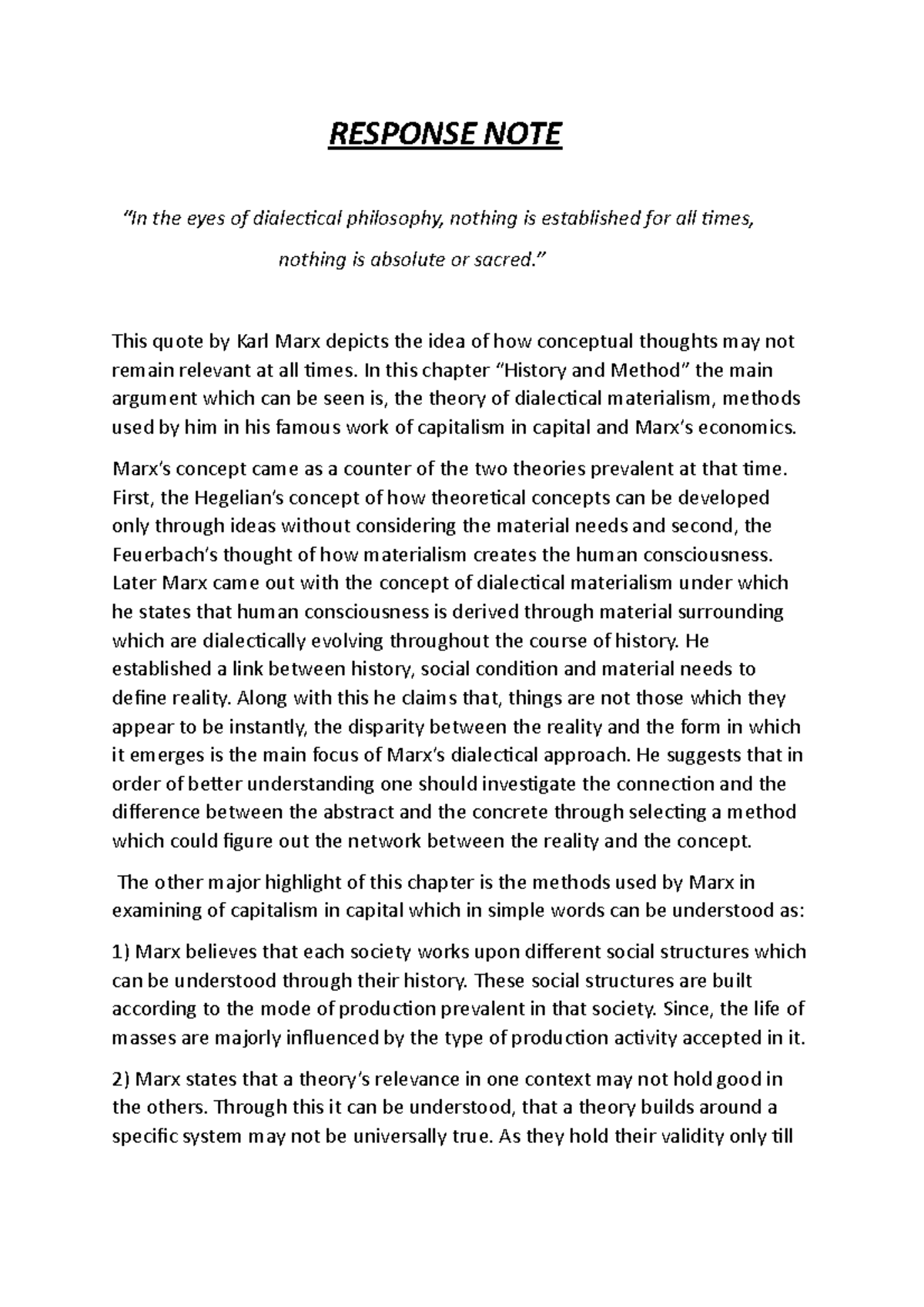 Response note - Grade: A- RESPONSE NOTE “In the eyes of dialectical ...