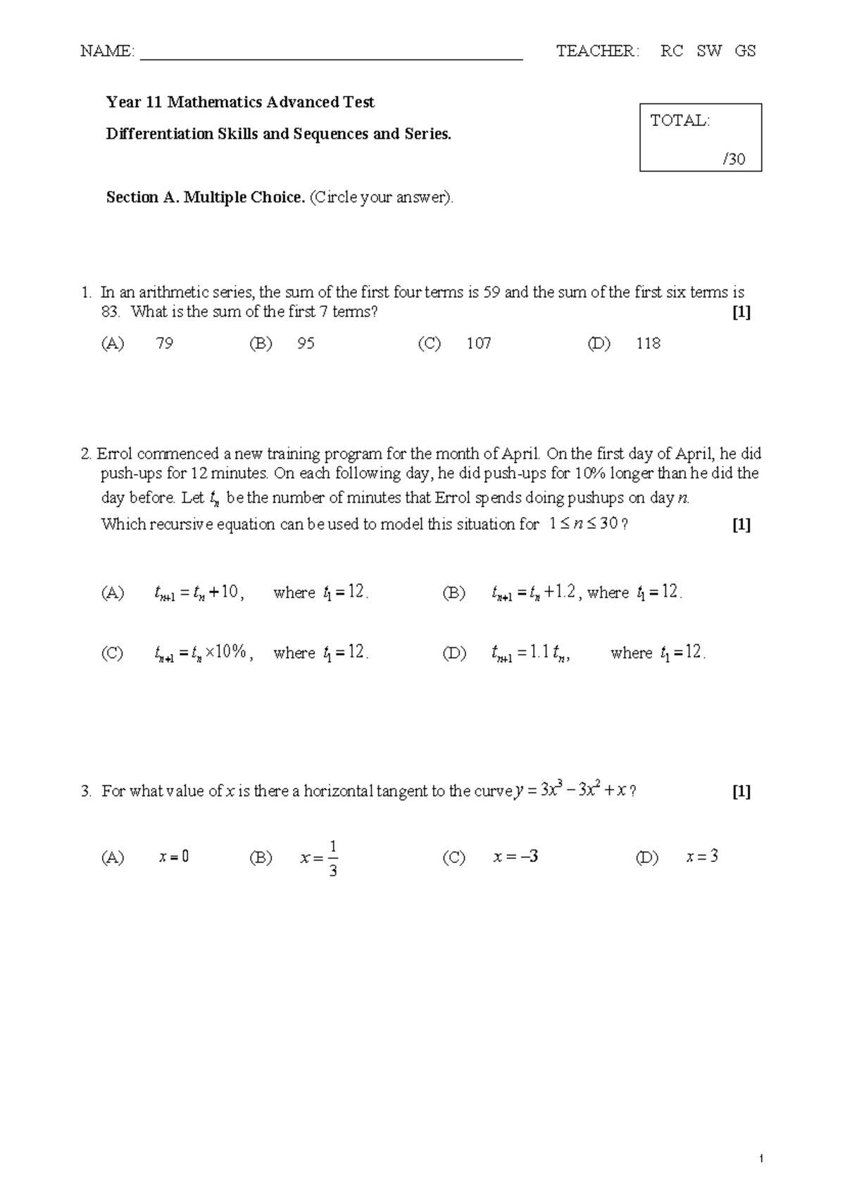 2023 Y12 Adv Test Ch 1+differentiation - Year 11 Mathematics Advanced ...