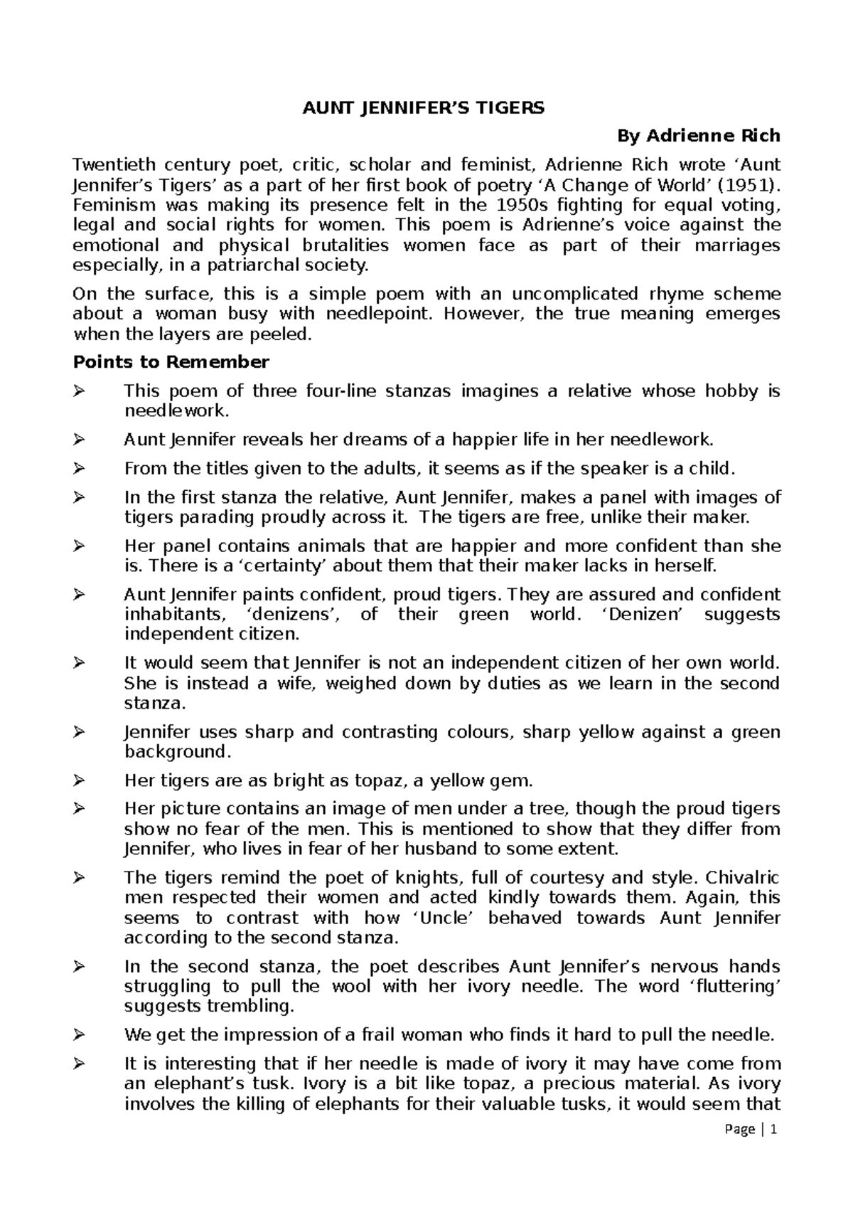 AUNT Jennifers Tigers - AUNT JENNIFER’S TIGERS By Adrienne Rich ...