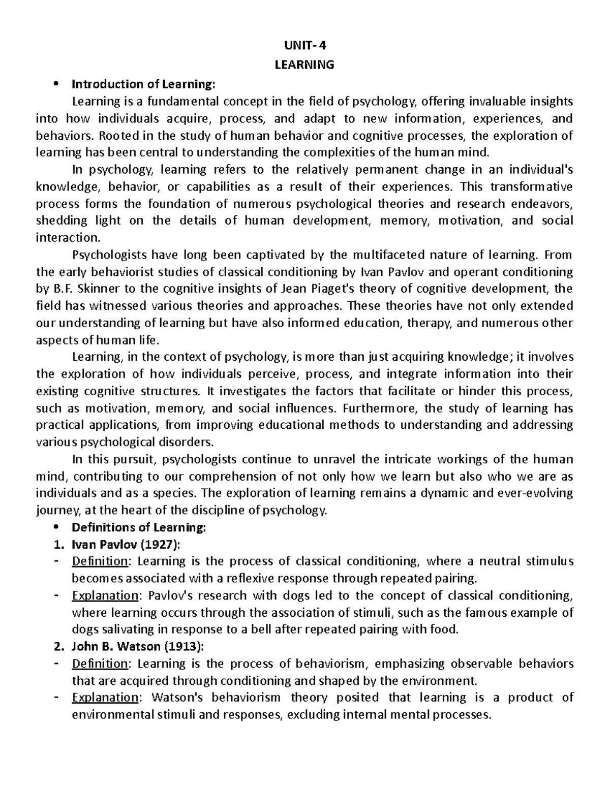 Unit- 4 - Ignore - UNIT- 4 LEARNING Introduction of Learning: Learning is a fundamental concept ...