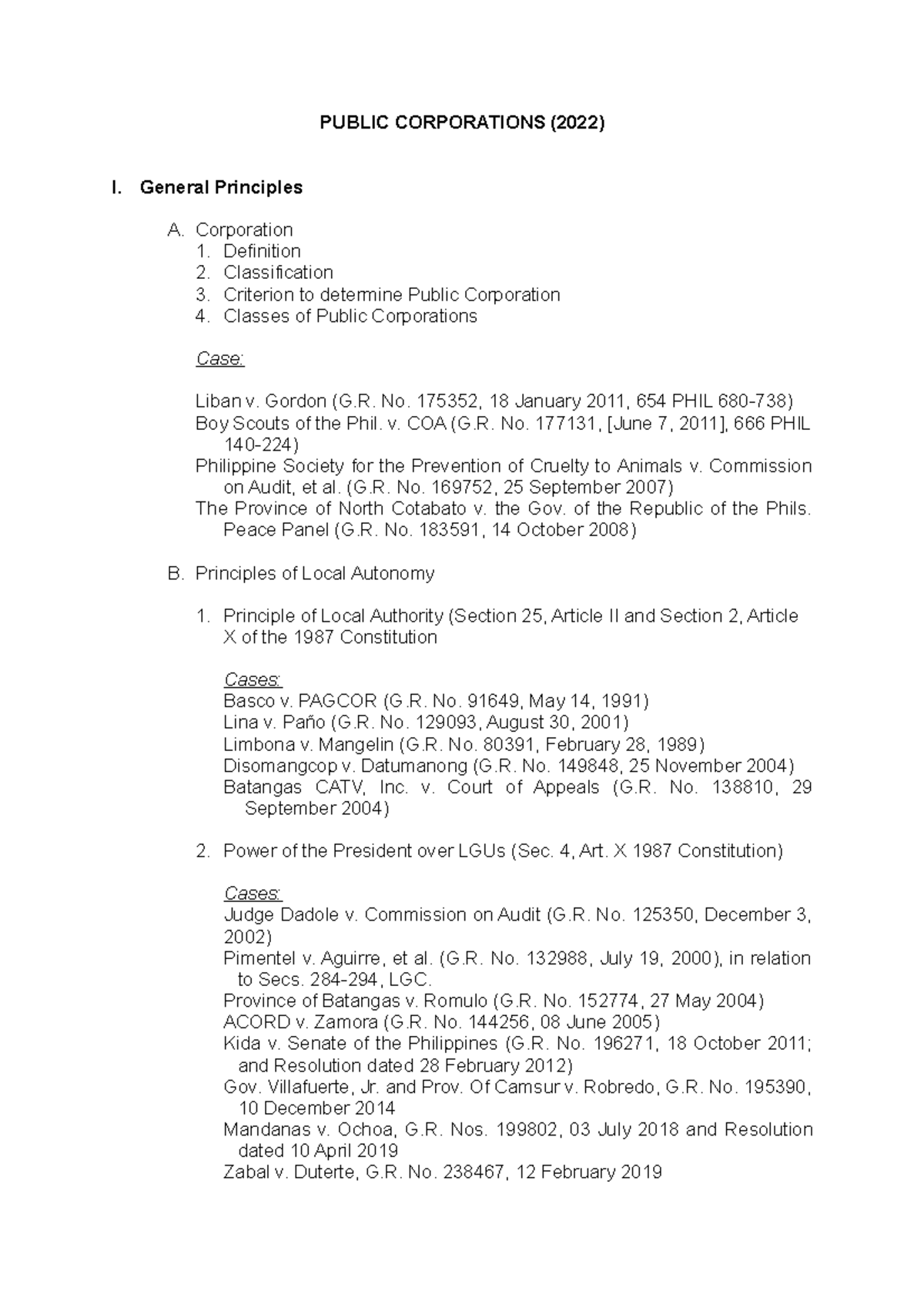 Syllabus - PUBLIC CORPORATIONS (2022) I. General Principles A ...