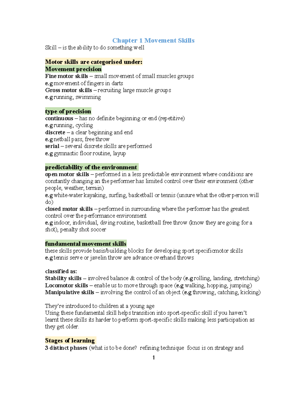 Pe theory notes vce - Chapter 1 Movement Skills Skill – is the ability ...