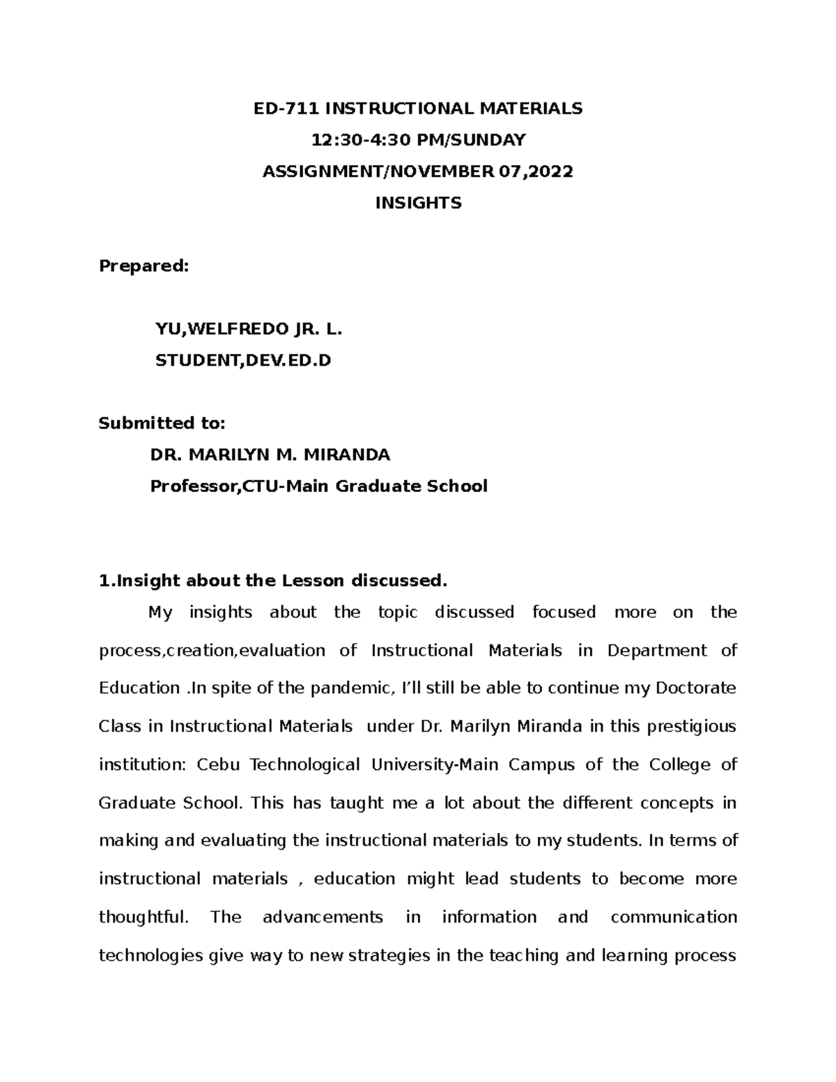 ED-711 Instructional Materials(insights)NOV 7-2022-YU, Welfredo JR - ED ...