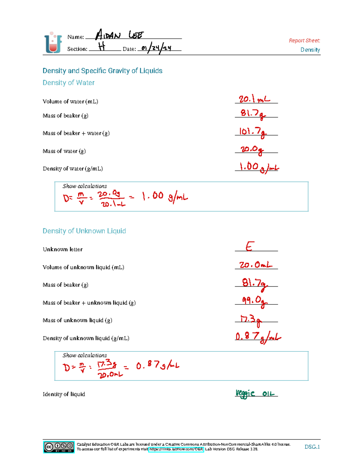 Chem Lab Calculations - Report Sheet: Density Name: Section: Date: Density and Specific Gravity ...
