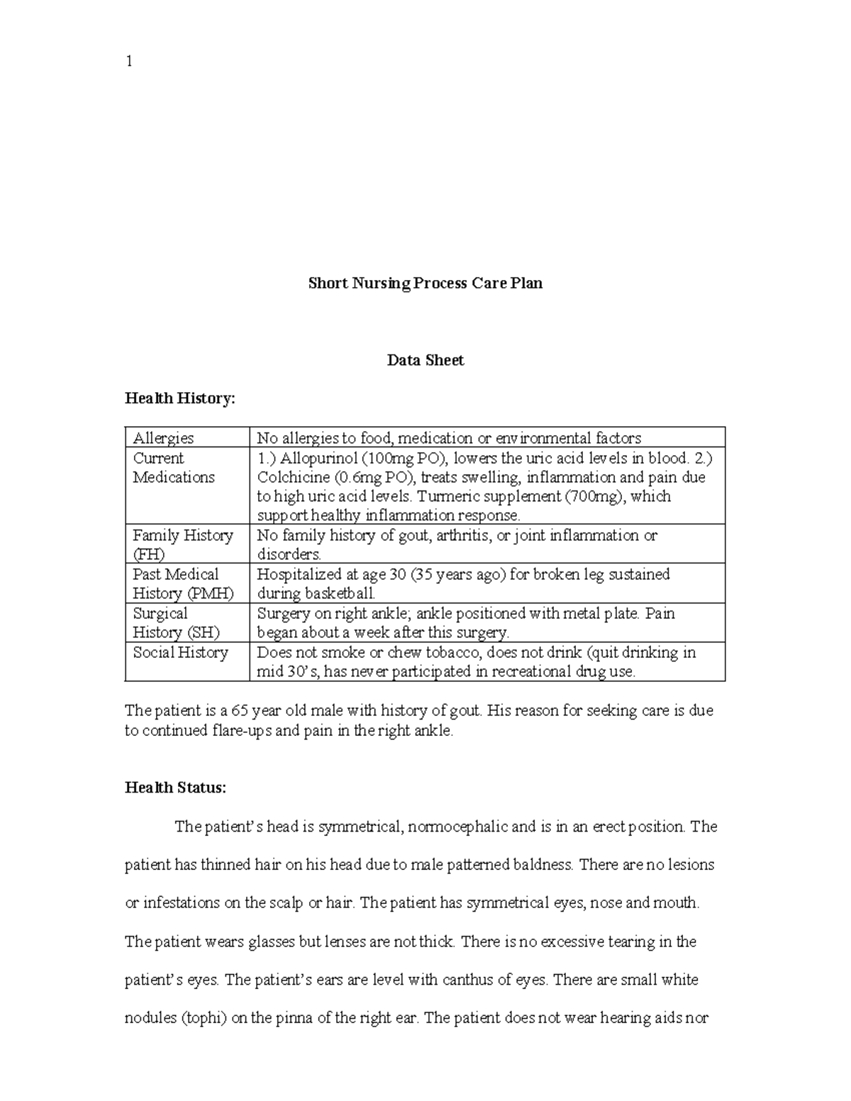 Short Nursing Care Plan - Data Sheet and Care plan - Short Nursing ...