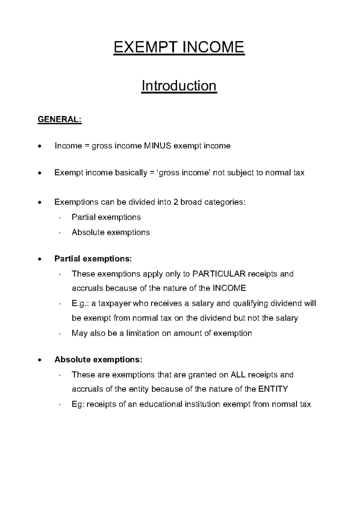 Exempt Income - notes - EXEMPT INCOME Introduction GENERAL: Income ...