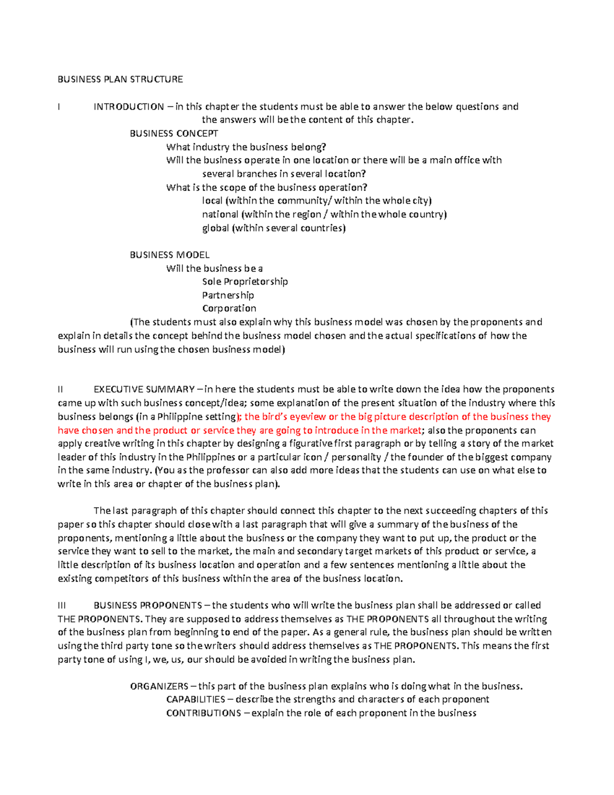 Business-PLAN- Structure - BUSINESS PLAN STRUCTURE I INTRODUCTION – in ...