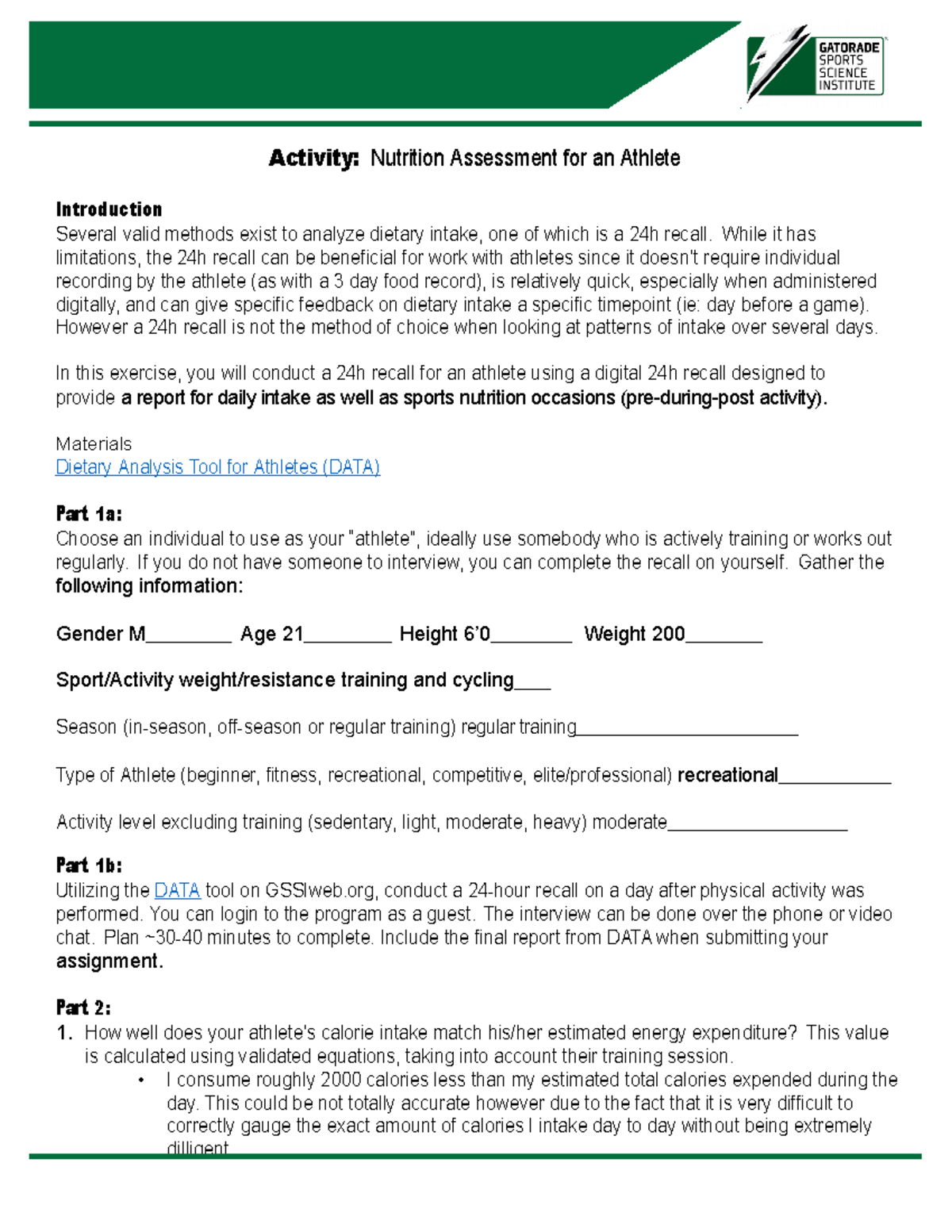 Nutrition assessment for an athlete - Activity: Nutrition Assessment ...