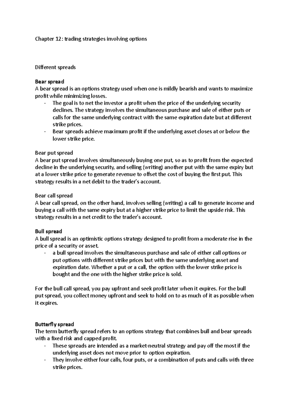 Derivatives and Risk Management 5 - Chapter 12: trading strategies involving options Different ...