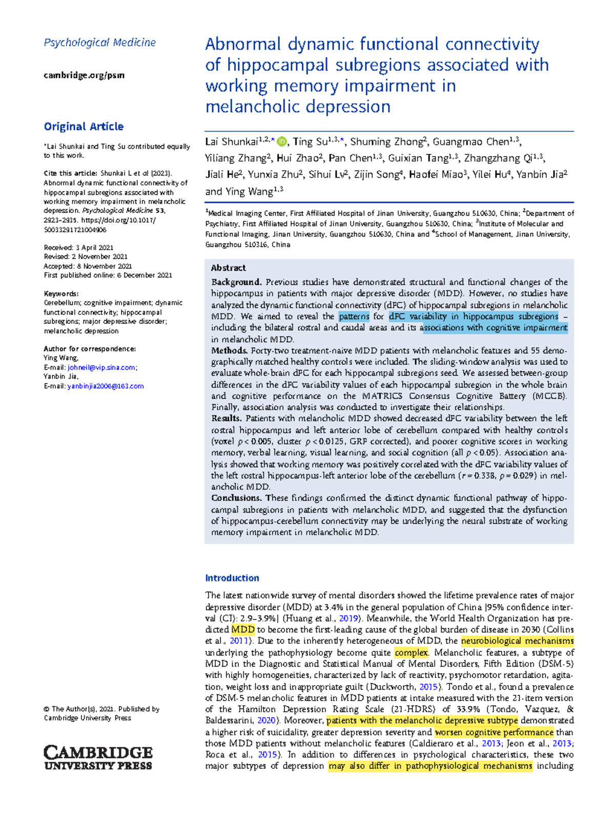 Abnormal Dynamic Functional Co Psychological Medicine Cambridge Psm