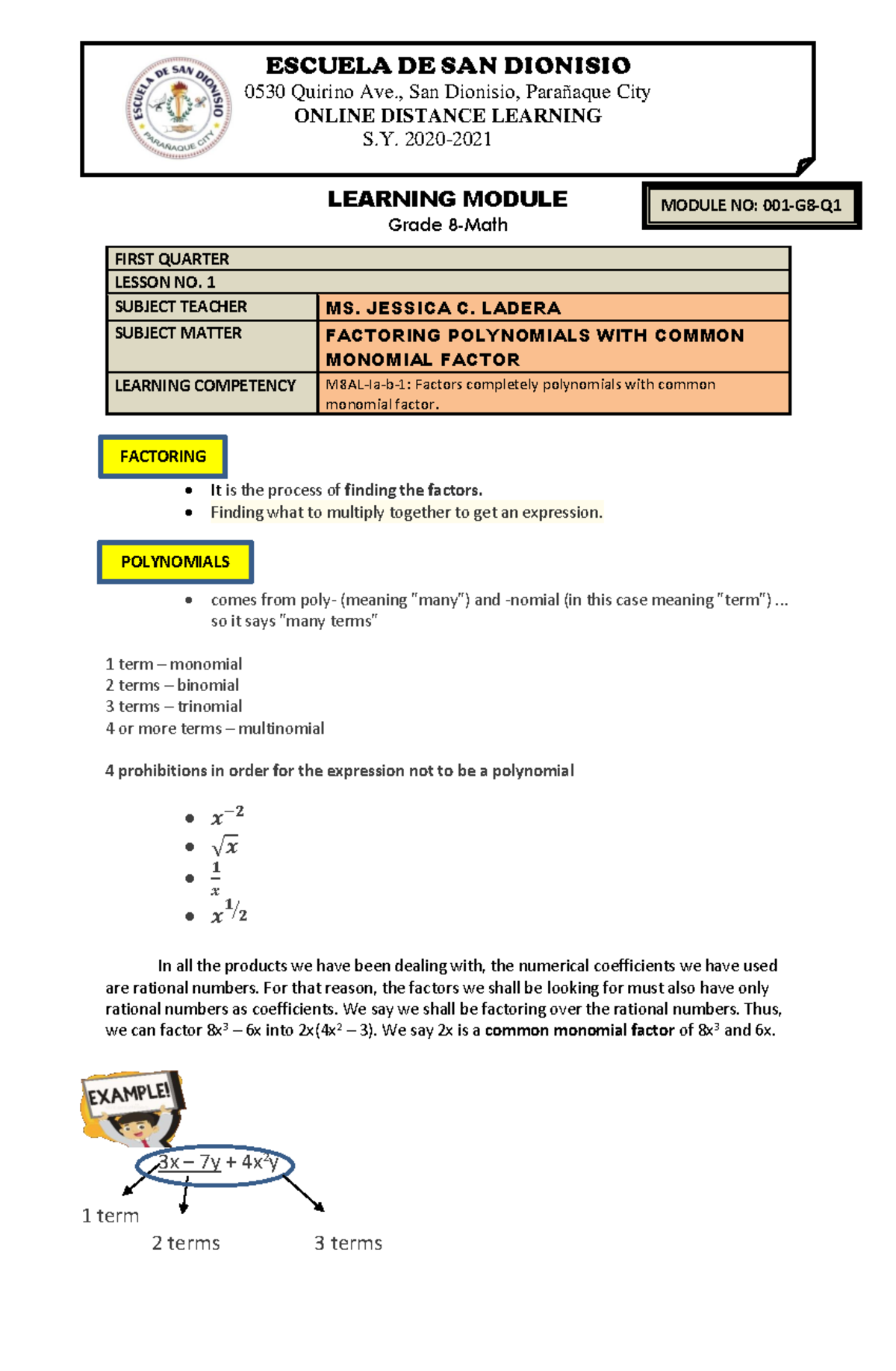 Module NO 001-G8-Q1 - Currently working at Escuela De San Dionisio ...