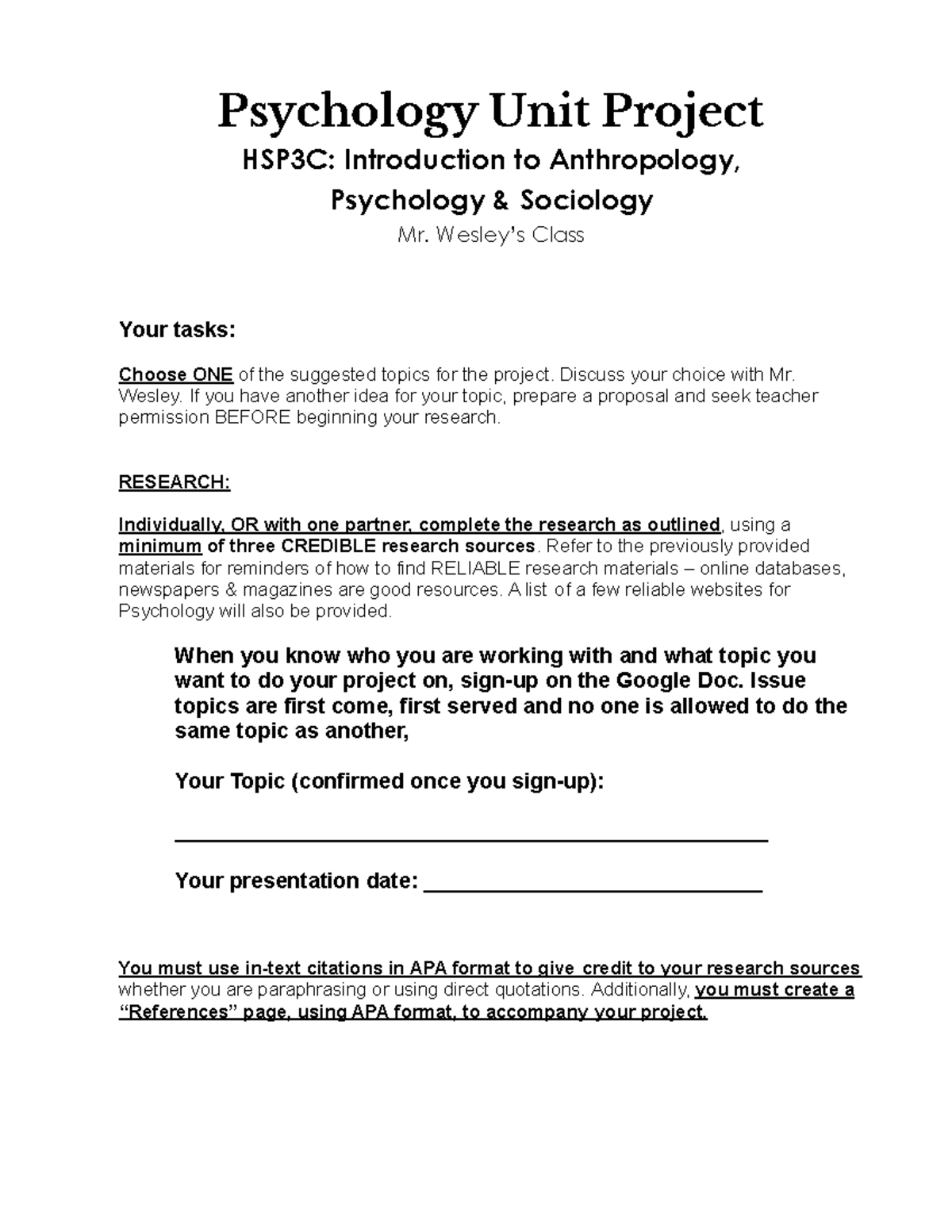 HSP3C Psychology Project - Psychology Unit Project HSP3C: Introduction ...