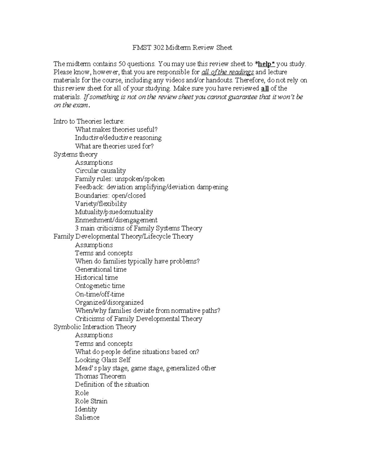 Midterm Review Sheet - mid term notes - FMST 302 Midterm Review Sheet ...