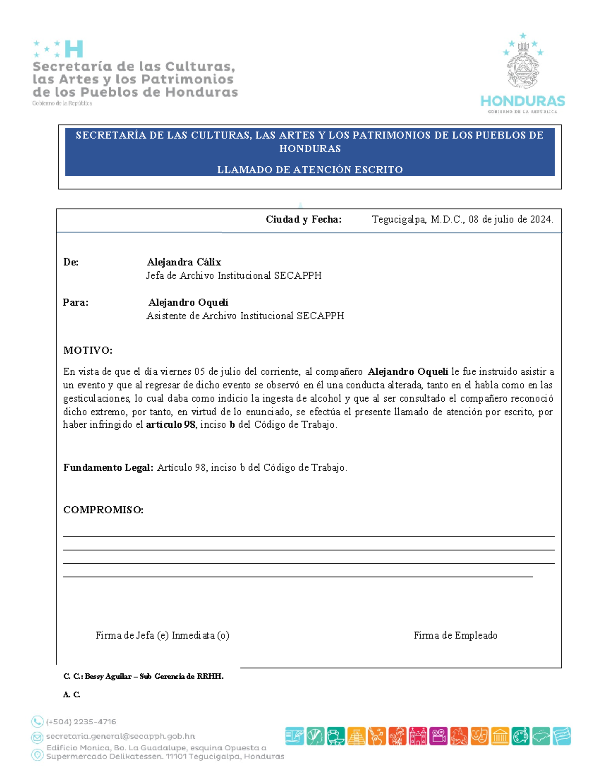 este documento es un Llamado de Atención por escrito en un proceso ...