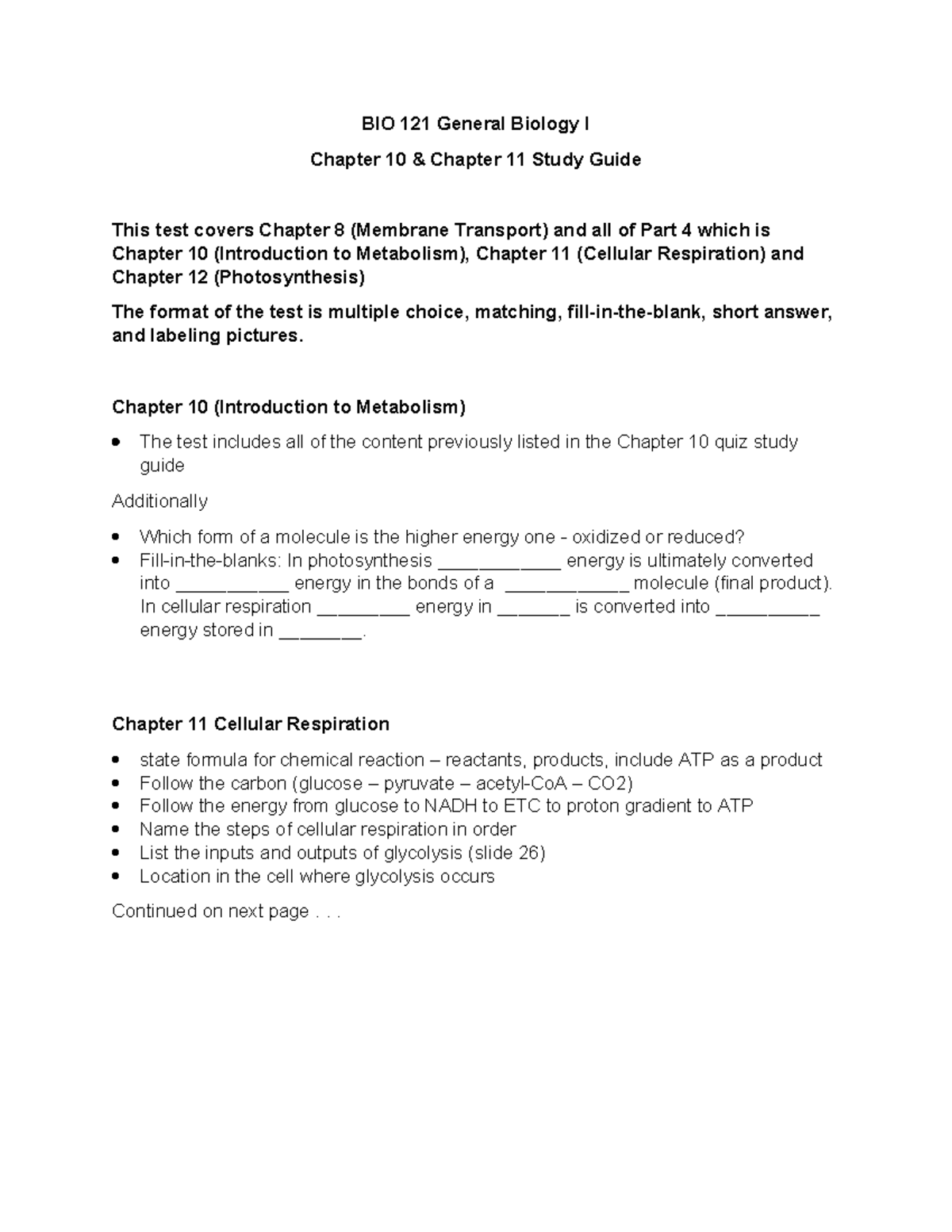 Cellular Respiration Chapter 10 Study Guide - BIO 121 General Biology I ...