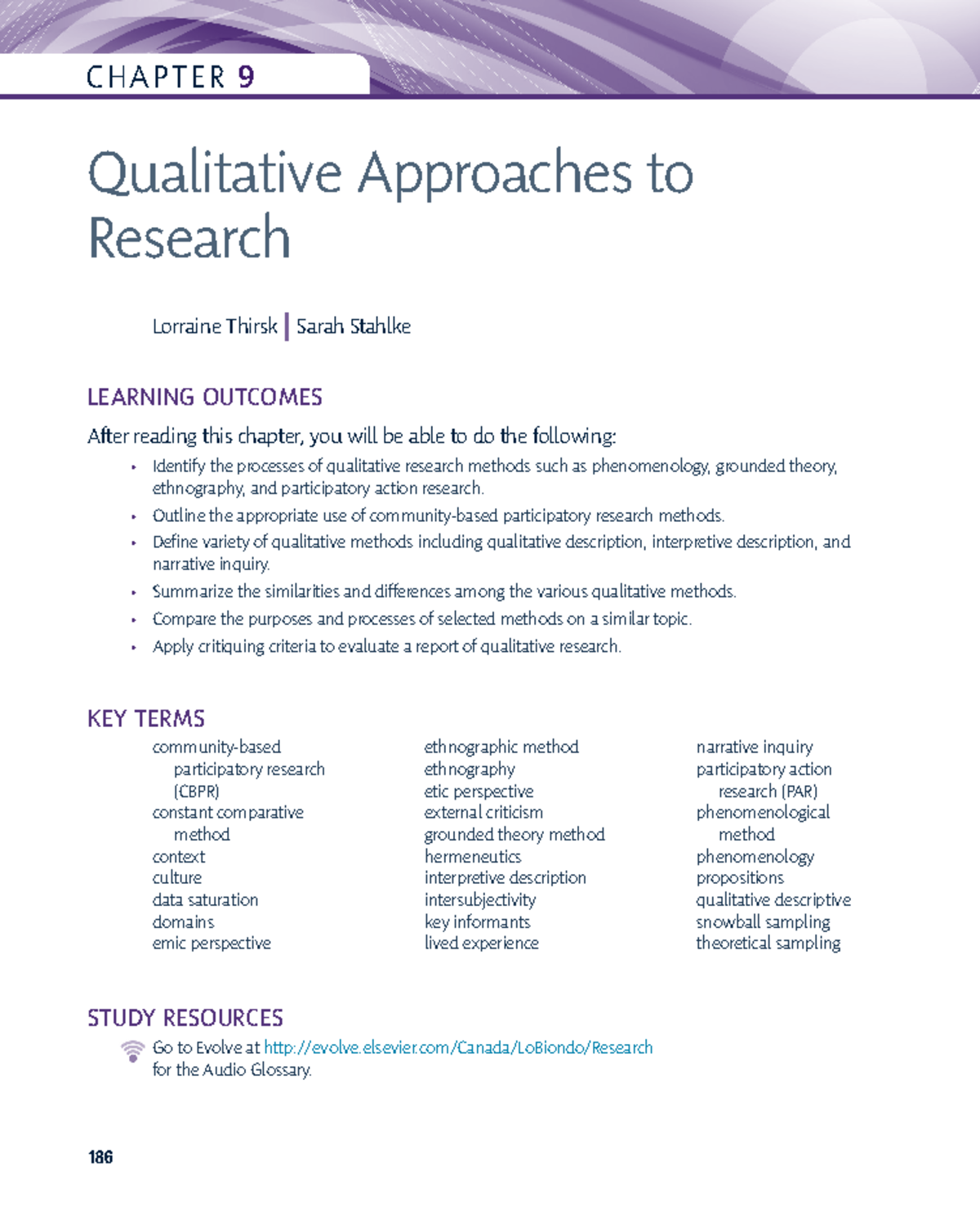 Singh & Thisk -Chapter 9 - 186 CHAPTER 9 Qualitative Approaches to Research Lorraine Thirsk I ...