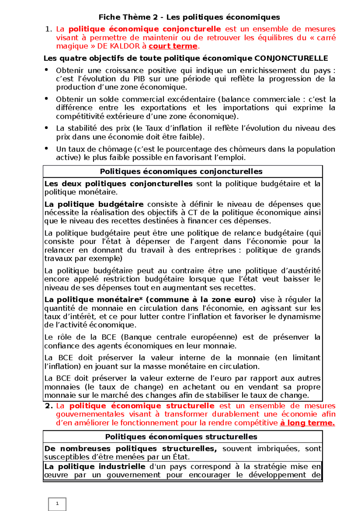 Fiche Thème 2 - Les politiques économiques - Les quatre objectifs de ...