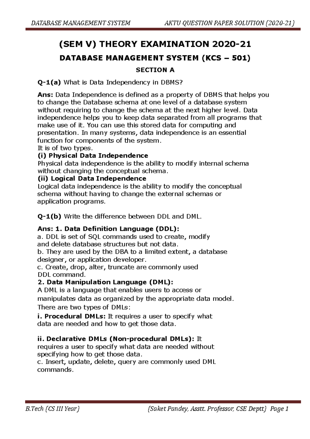 DBMS QP 2020-21 Solution - (SEM V) THEORY EXAMINATION 2020- DATABASE ...