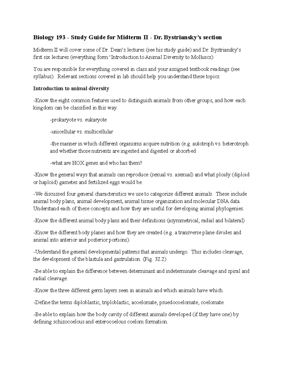 Biology 193 Spring 2022 Midterm II Study Guide - Bystriansky - Biology ...