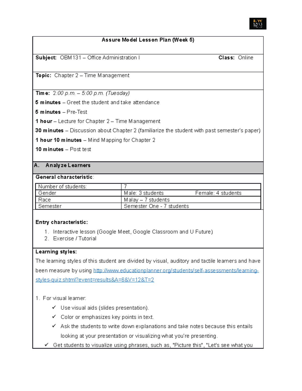 OBM131 - Lesson PLAN WEEK 5 - Assure Model Lesson Plan (Week 5) Subject: OBM131 – Office - Studocu
