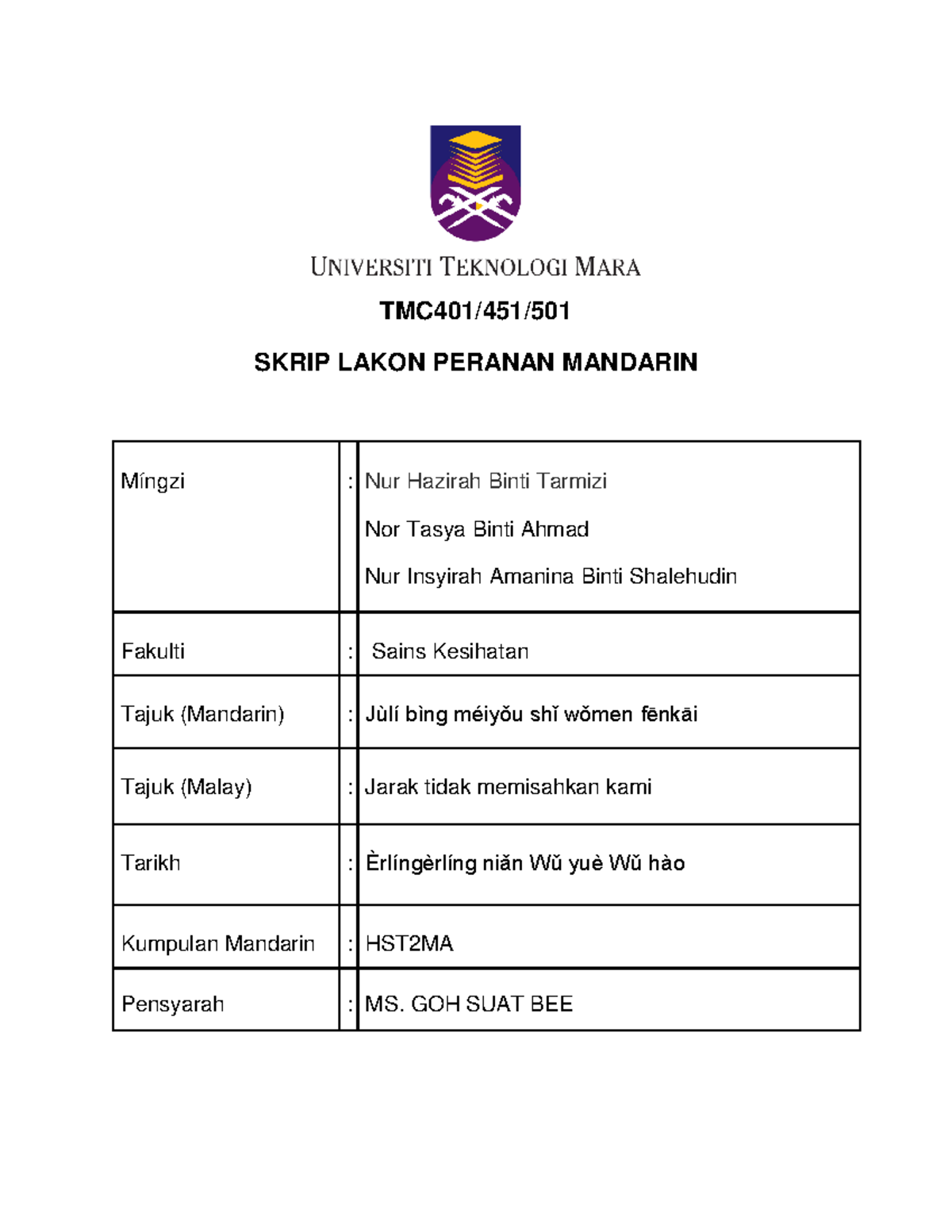 TMC451 HST2MA ROLE PLAY baik - TMC401/451/ SKRIP LAKON PERANAN MANDARIN Míngzi : Nur Hazirah ...