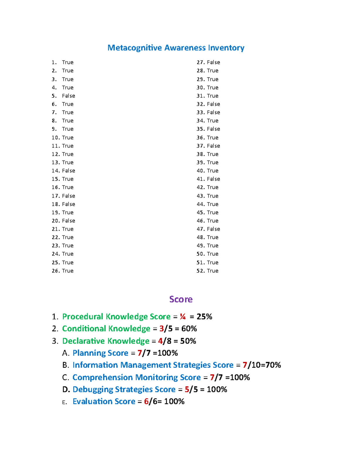 Metacognitive Awareness Inventory Answer - Metacognitive Awareness ...