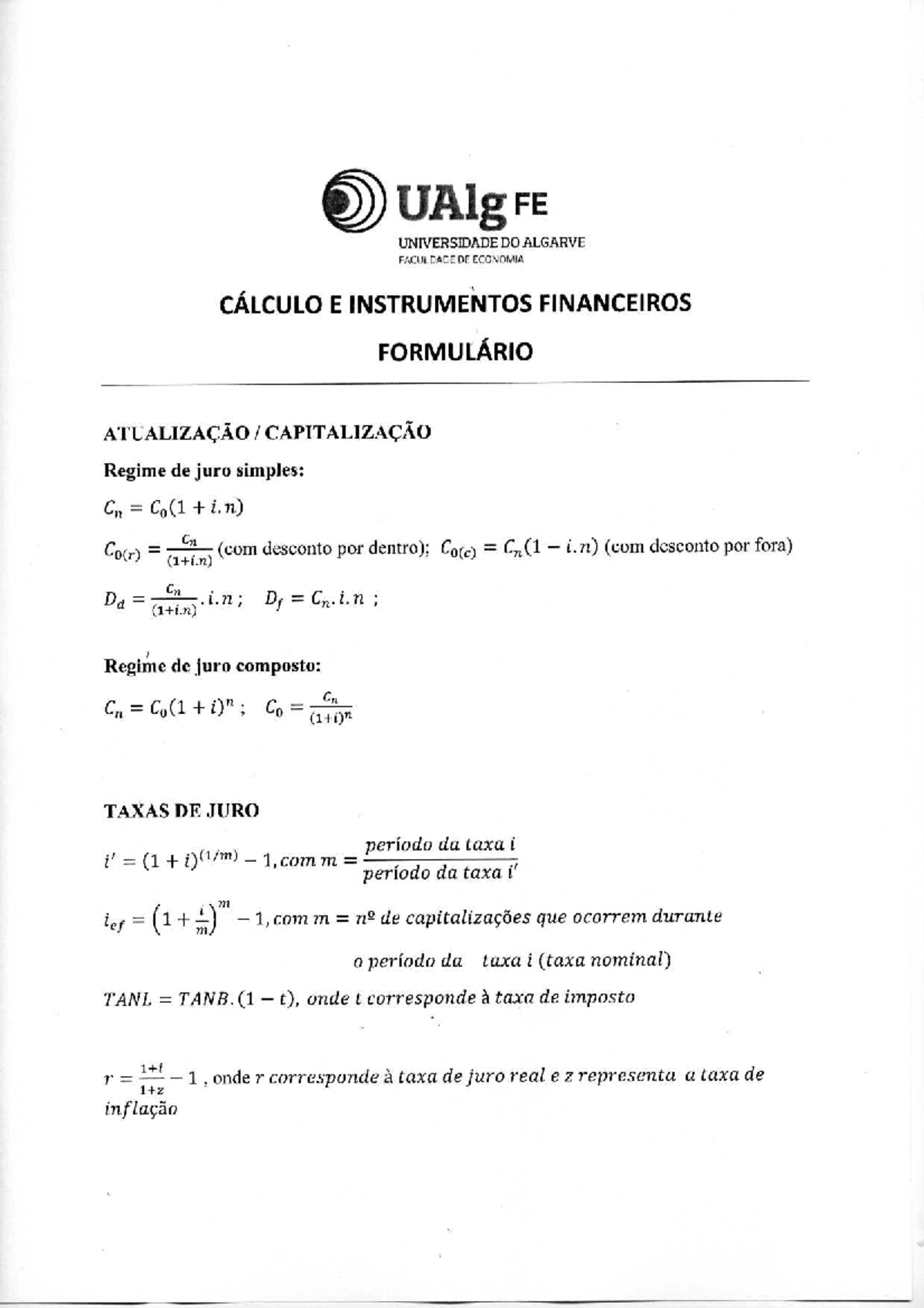 Formulario CIF - Formulário - Cálculo e Instrumentos Financeiros - Studocu