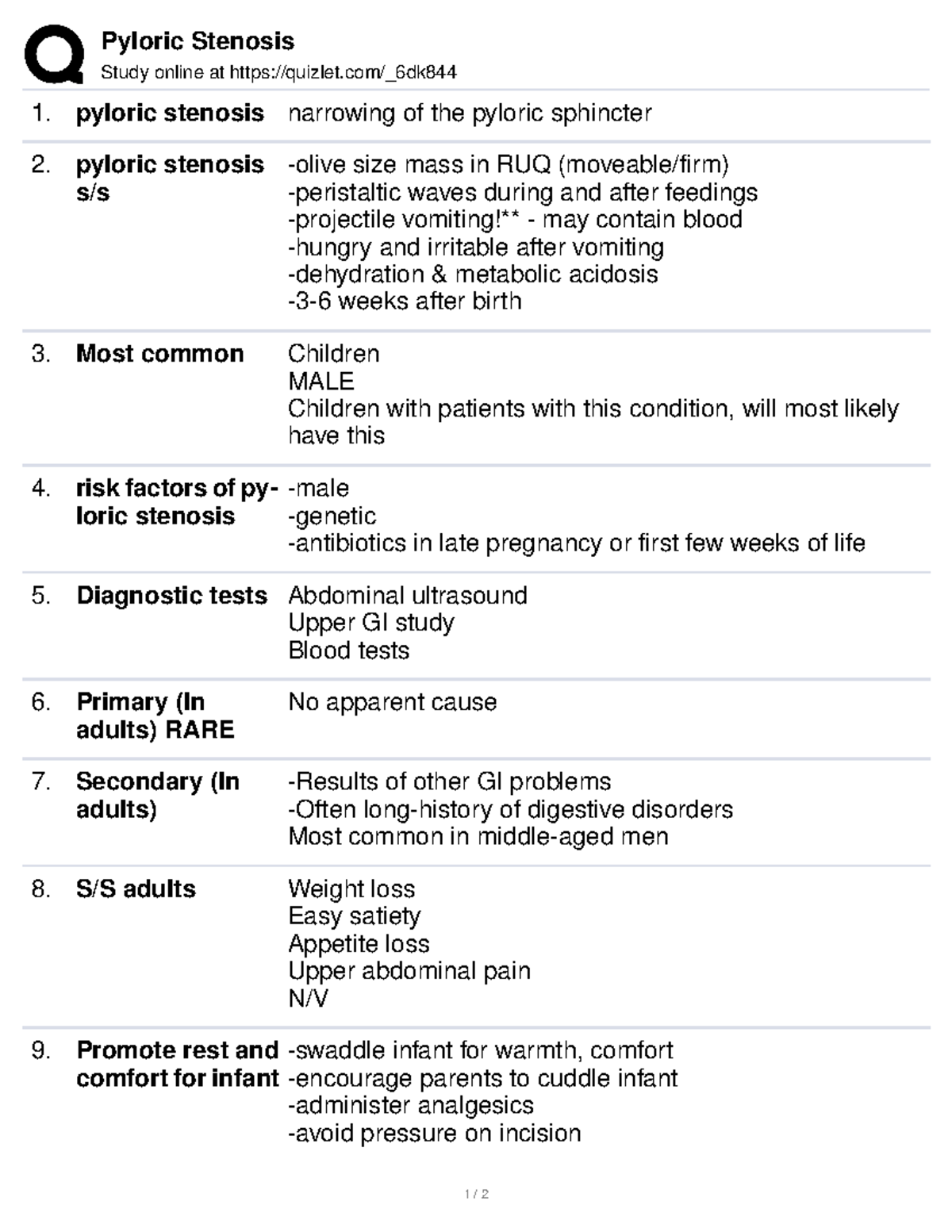 Pyloric Stenosis - Notes - Pyloric Stenosis Study online at quizlet ...