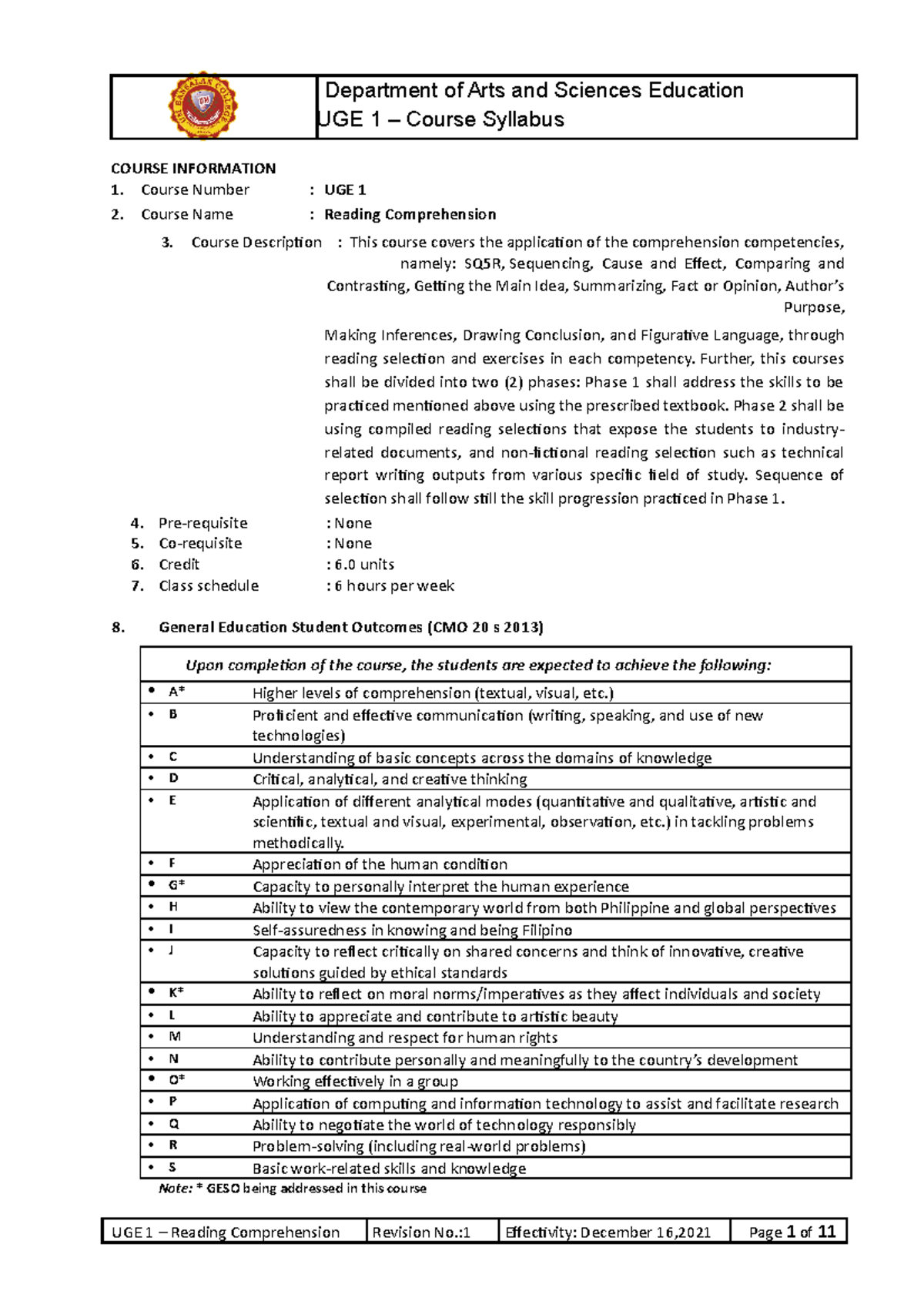 UGE 1 Course Syllabus DASE 3 - Department of Arts and Sciences ...